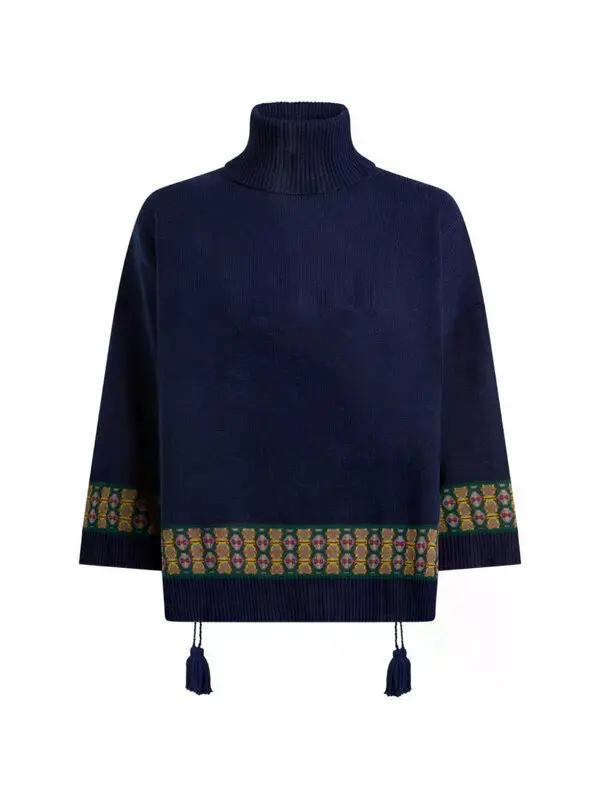 Etro Wool-blend Kimono Sweater With Tassels And Geometric Motif - Blue