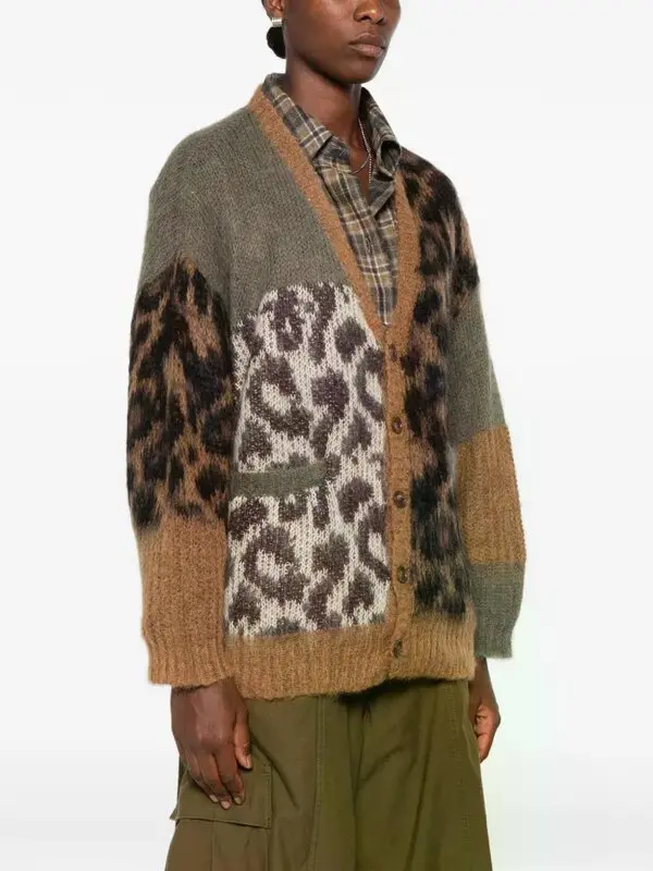 R13 Patchwork Leopard Print V-neck Cardigan