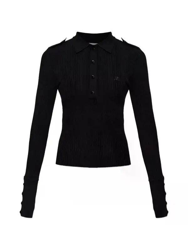 COURREGES Ribbed Knit Logo Detail Polo Shirt - Black