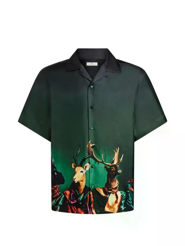 Etro Silk Bowling Shirt With Placed Animal-print - Green