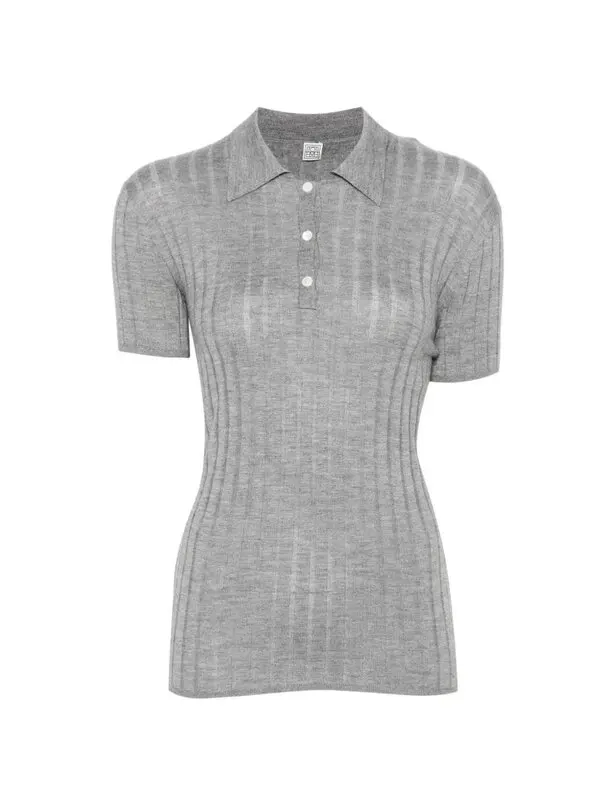TOTEME Ribbed Knit Short Sleeve Polo Top - Grey