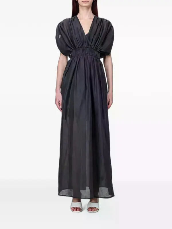 120% Lino V-neck Maxi Dress With Elasticated Waist And Braided Belt