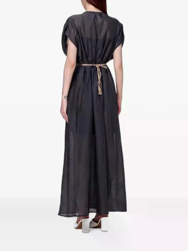 120% Lino V-neck Maxi Dress With Elasticated Waist And Braided Belt