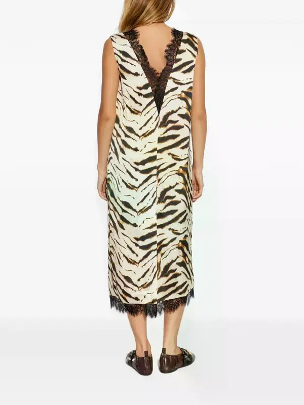 GANNI Tiger-print Lace-trim Midi Dress