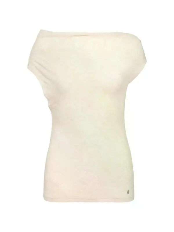 GLOWNY Draped Asymmetric Neckline Top With Logo Plaque