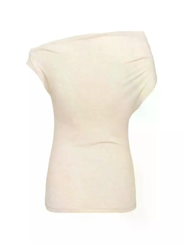 GLOWNY Draped Asymmetric Neckline Top With Logo Plaque