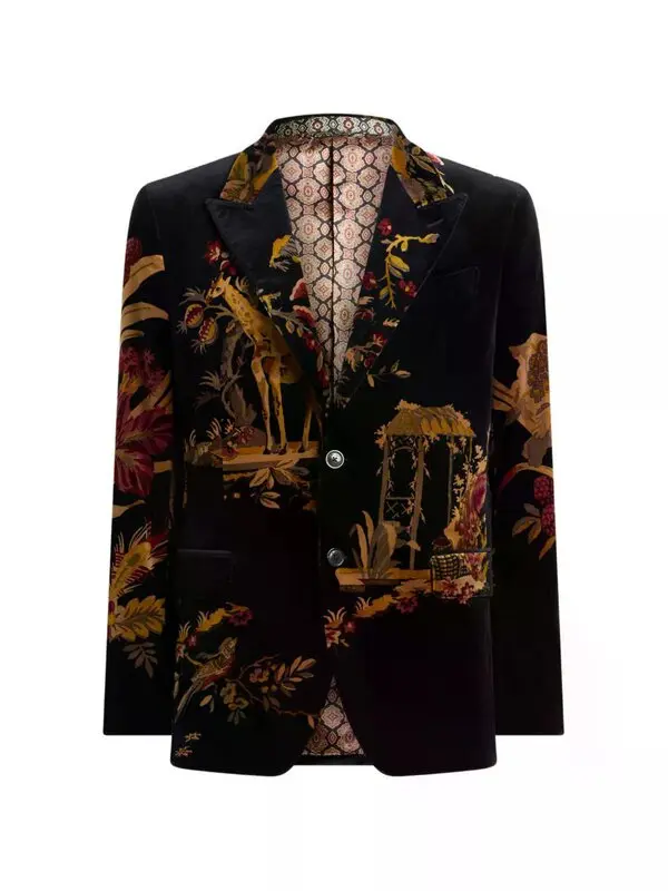 Etro Single-breasted Cotton Velvet Jacket With Placed Flower And Animal Print - Black