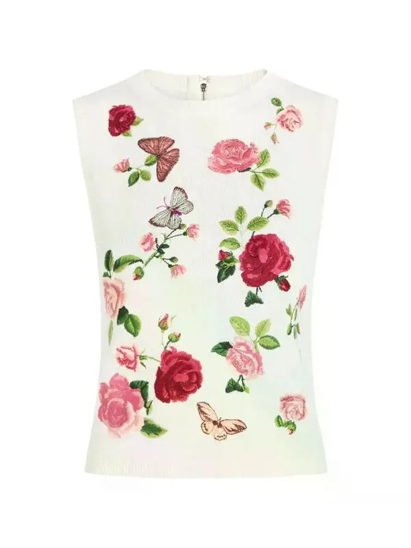 Alice + Olivia Reva Floral-embroidered Knitted Vest - Neutrals