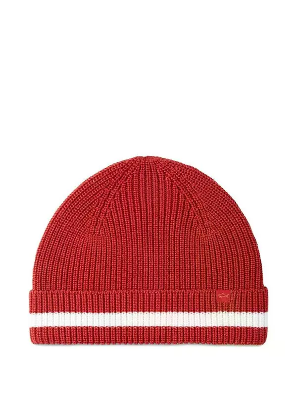 Paul & Shark Ribbed Striped Beanie Hat - Red