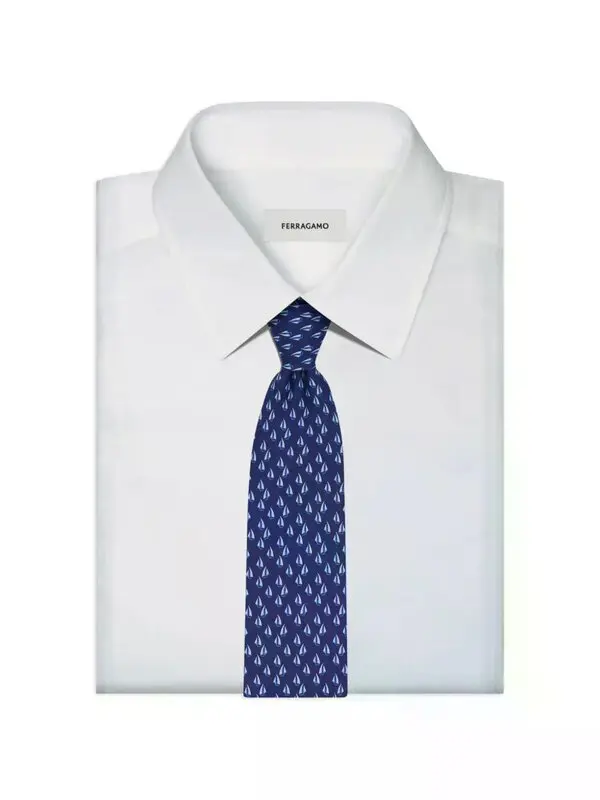 FERRAGAMO Silk Sailboat Print Neck Tie