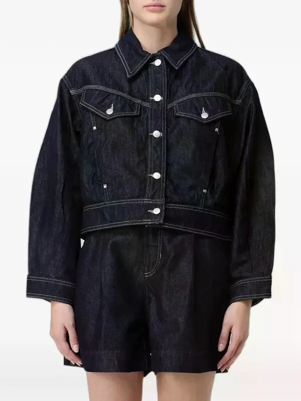 BOSS Cropped Denim Jacket With Contrast Stitching - Blue