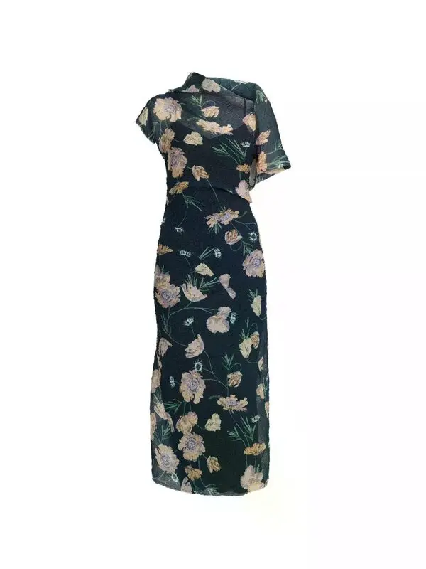 Erdem Navy Floral Print Organza-cloque Midi Dress - Blue