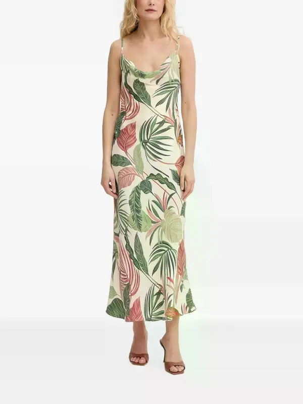 Guess Leaf-print Cowl-neck Midi Dress - Neutrals