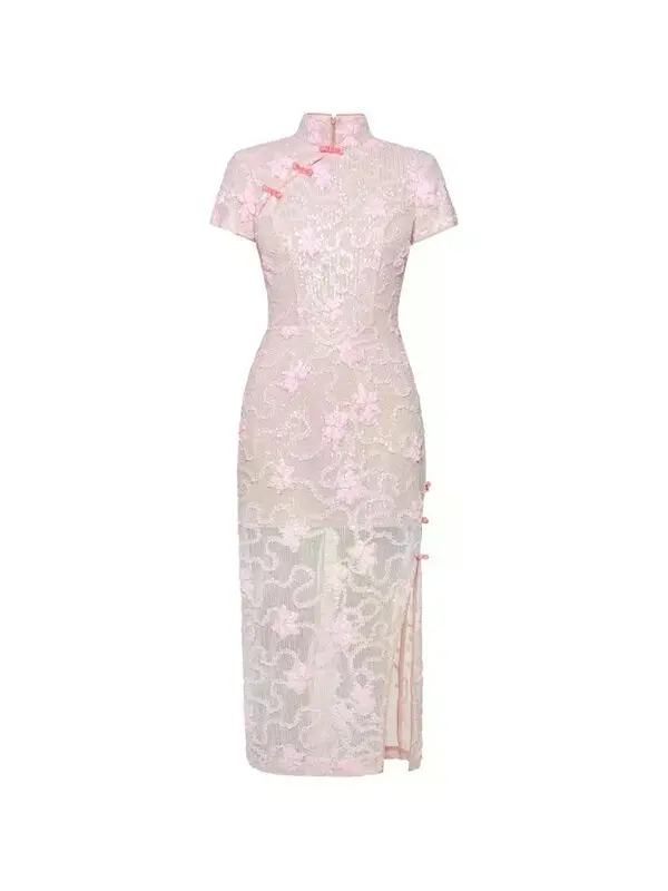ANOUKI Sequin-embellished Floral-appliqué Maxi Dress - Pink