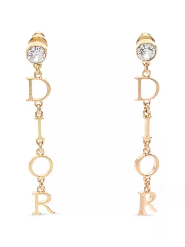 Dior Rhinestone Embellished Logo Drop Earrings - Gold