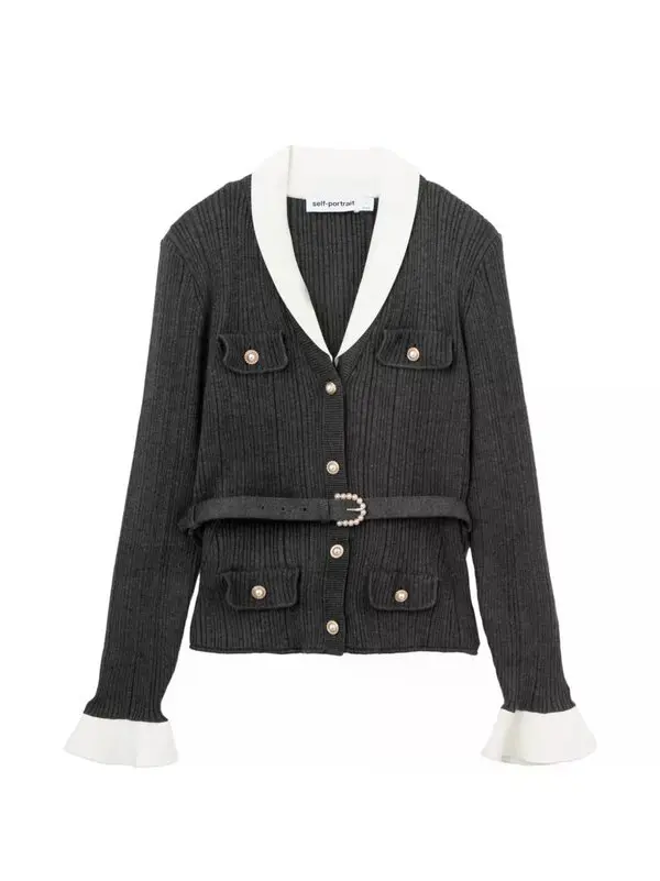 SELF-PORTRAIT Belted Ribbed-knit Cardigan - Grey