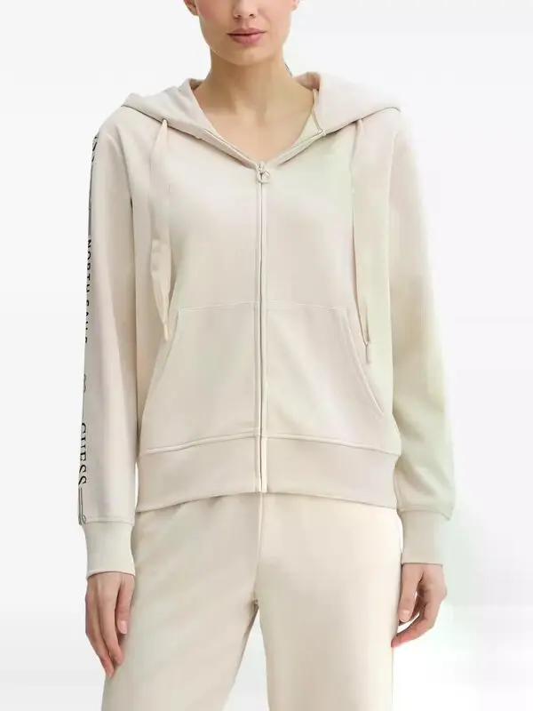 Guess Logo-tape Zip-up Hoodie - Neutrals