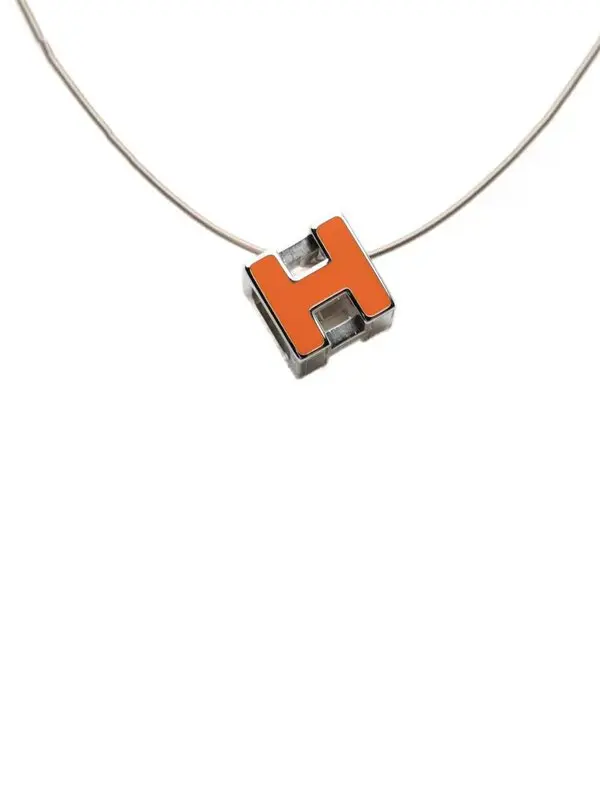 Hermès Palladium Plated Lacquered Cage D'h Pendant Necklace - Orange