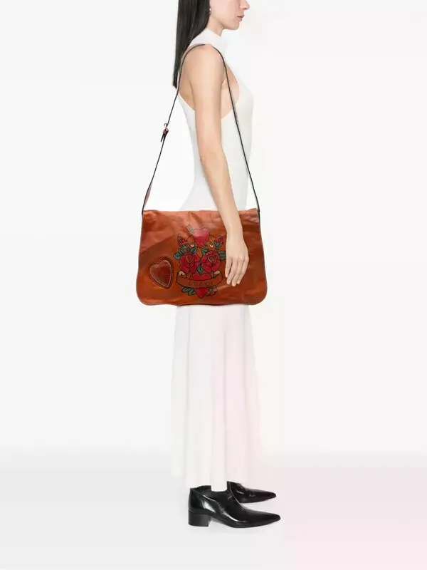 Gucci Calfskin Tattoo Heart Tribeca Crossbody Bag - Brown