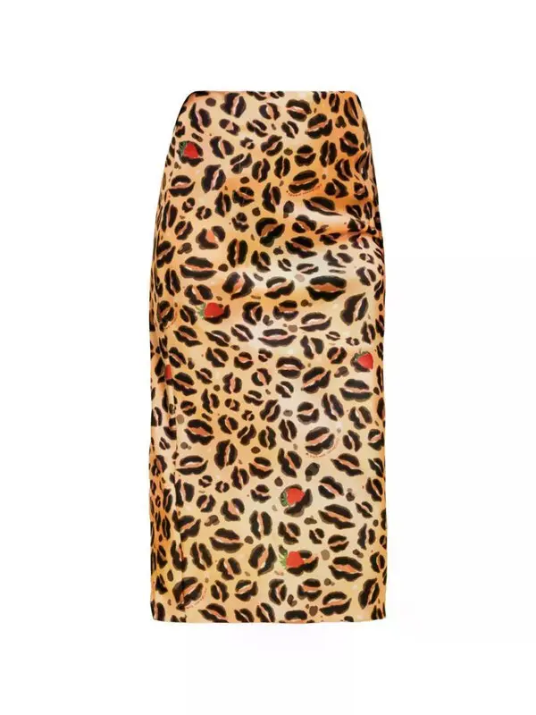 ALESSANDRO ENRIQUEZ Leopard Print Strawberry Motif Midi Skirt - Neutrals