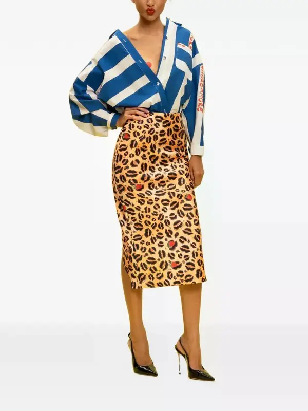ALESSANDRO ENRIQUEZ Leopard Print Strawberry Motif Midi Skirt