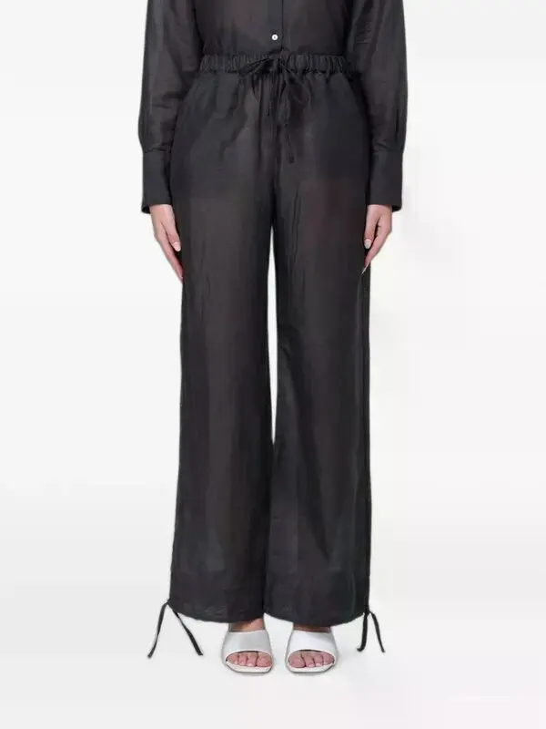 120% Lino Drawstring-waist Palazzo Pants - Black