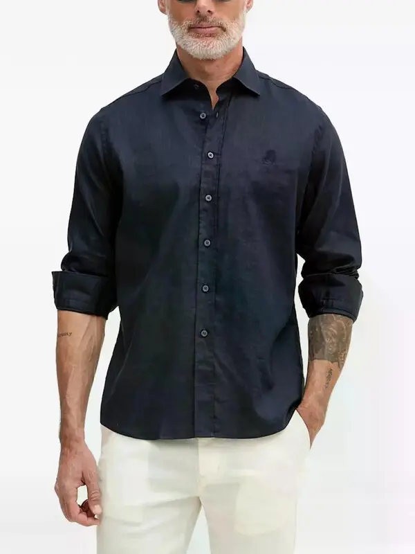 Karl Lagerfeld Embroidered-logo Button-down Linen Shirt - Blue