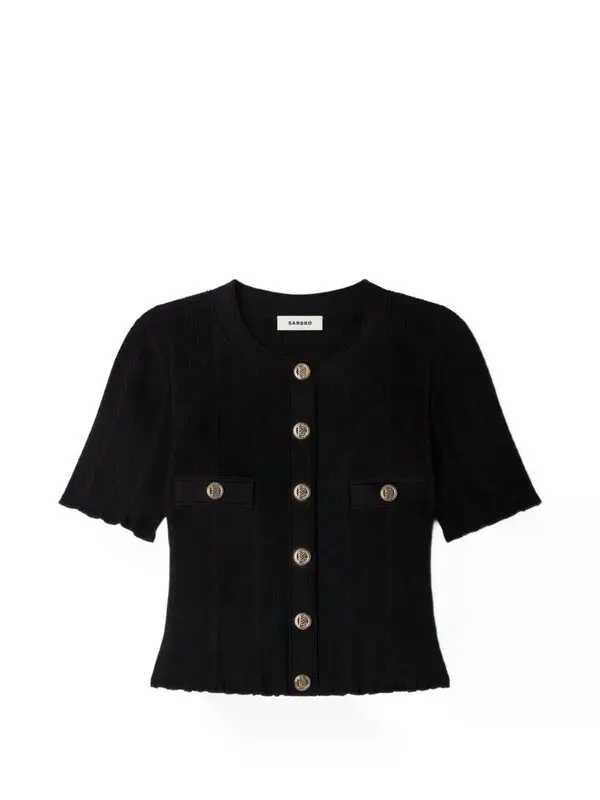 Sandro Cropped Pointelle Knit Cardigan With Ruffled Trim - Black