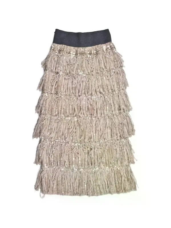 Brunello Cucinelli Sequin Embellished Fringed Skirt - Neutrals
