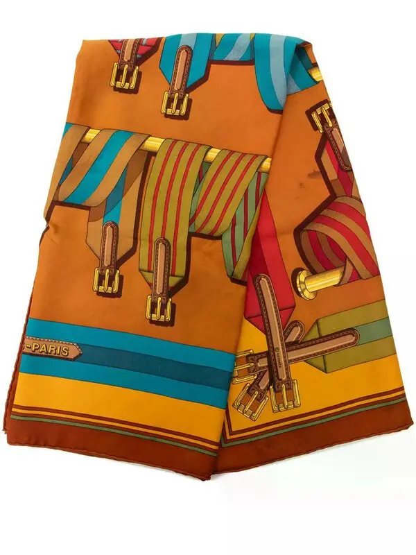 Hermès 1980-1990 Les Sangles Silk Scarf 90 Scarves - Brown