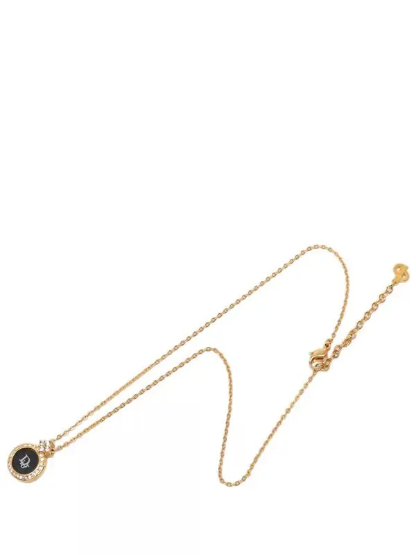 Dior Gold Plated Enamel Strass Logo Pendant Necklace - Black