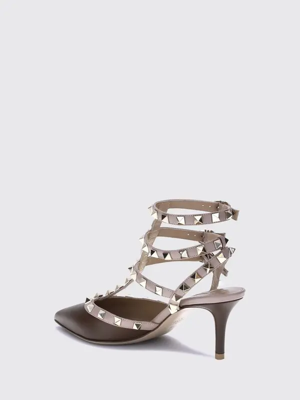 Valentino Garavani Rockstud Leather Slingback Pumps With Studs And Mid Stiletto Heel - Coffee