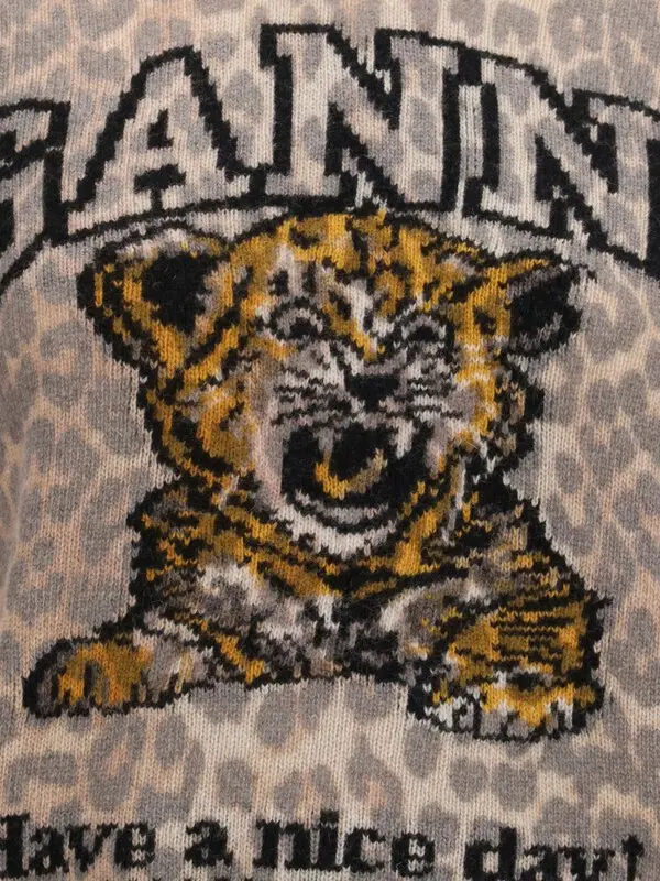 GANNI Slim Fit Animalier Print Merino Wool Jumper With Logo - Milk
