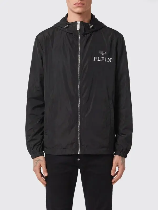 Philipp Plein Hooded Windbreaker Jacket With Logo Print - Black