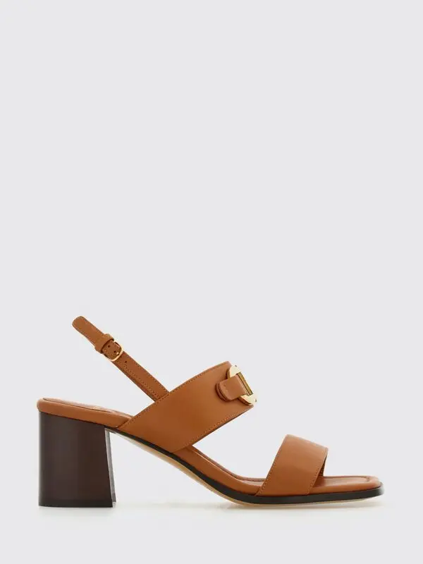 FERRAGAMO Gancini Logo Calfskin Slingback Sandals With Block Heel - Brown