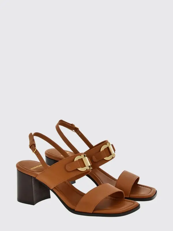 FERRAGAMO Gancini Logo Calfskin Slingback Sandals With Block Heel - Brown