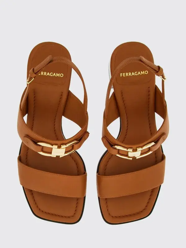 FERRAGAMO Gancini Logo Calfskin Slingback Sandals With Block Heel - Brown