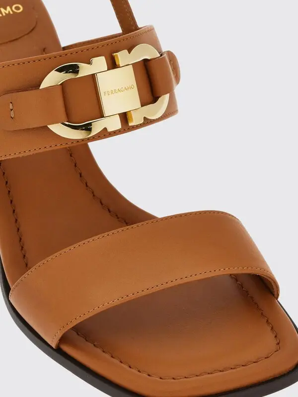 FERRAGAMO Gancini Logo Calfskin Slingback Sandals With Block Heel - Brown