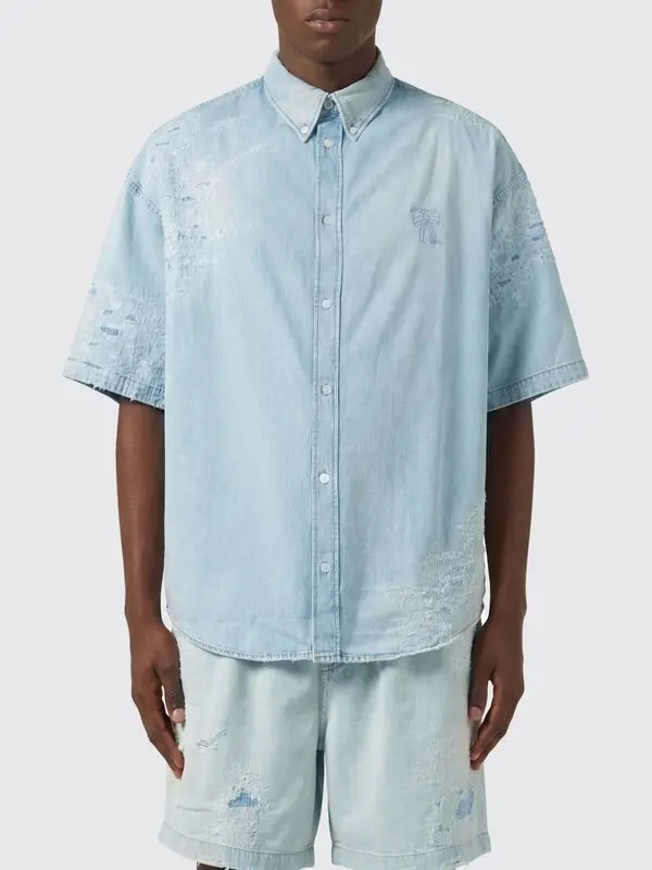 Acne Studios Relaxed Fit Bowling Shirt In Distressed Organic Cotton - Blue