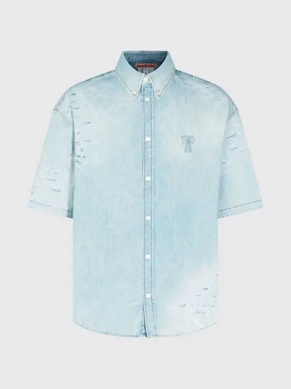Acne Studios Relaxed Fit Bowling Shirt In Distressed Organic Cotton - Blue