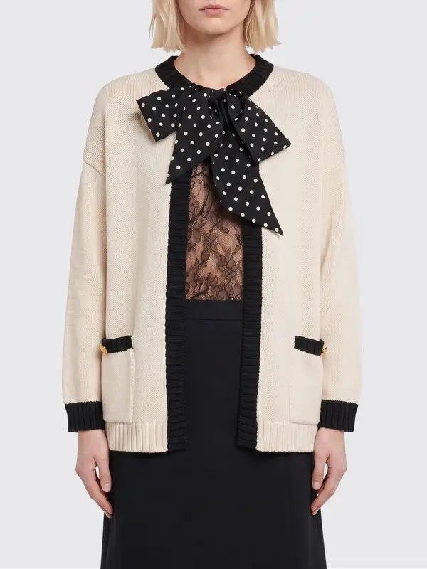 Valentino Garavani Cardigan With Bow Appliqué And Patch Pockets - Beige