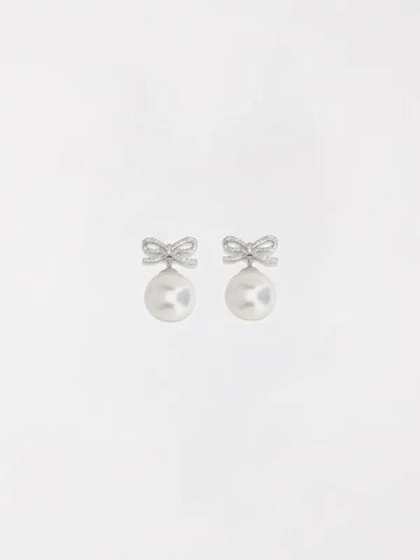 SELF-PORTRAIT Crystal Bow And Pearl Drop Earrings - Silver