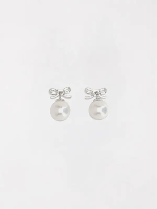 SELF-PORTRAIT Crystal Bow And Pearl Dangling Brass Earrings - Silver