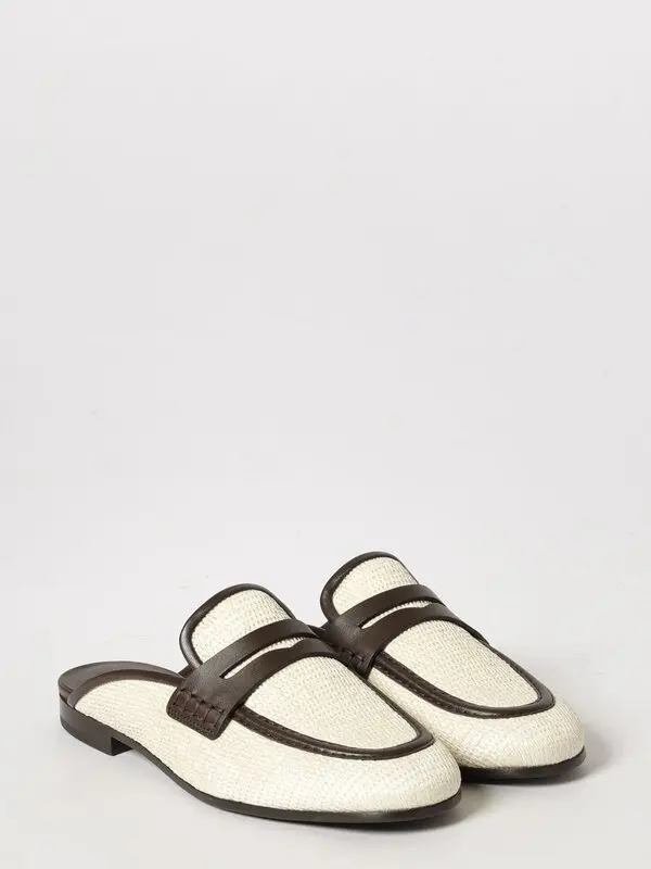 Brunello Cucinelli Flat Mules In Bicolour Raffia And Leather With Penny Bar