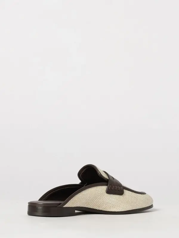 Brunello Cucinelli Flat Mules In Bicolour Raffia And Leather With Penny Bar