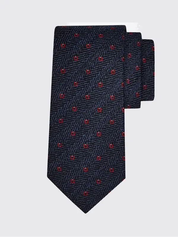FERRAGAMO Gancini Monogram Chevron Neck Tie - Navy