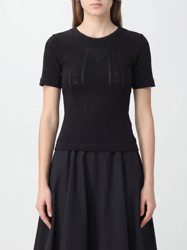 GANNI Short-sleeved Knit Top In Organic Cotton - Black
