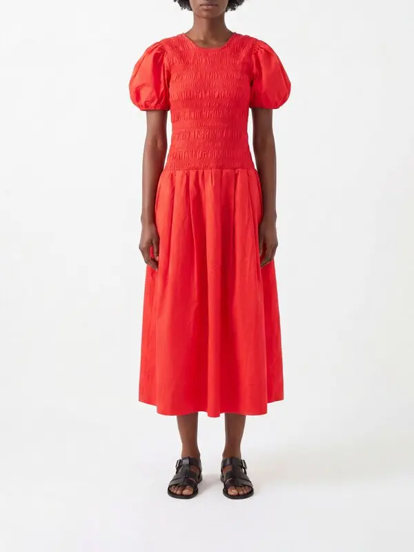 GANNI Puff Sleeve Organic Cotton Midi Dress - Red