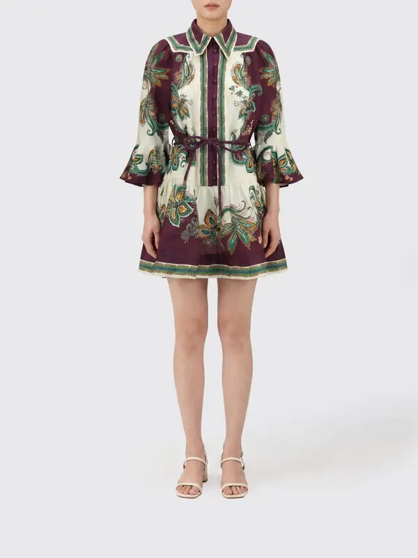 ALEMAIS Linen Mini Shirt Dress With Ethnic Print And Balloon Sleeves - Multicolor