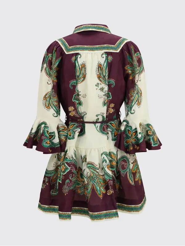 ALEMAIS Linen Mini Shirt Dress With Ethnic Print And Balloon Sleeves